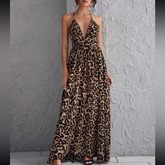 Dresses | Boho Criss Cross Backless Open Back Leopard Print Long Maxi ...